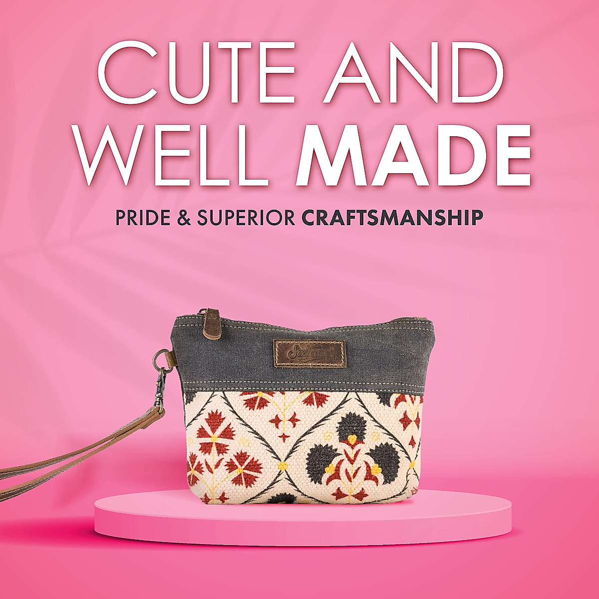 SIXTEASE Women's Fashion Wristlet Small Clutch With Wrist Strap - Vintage Style Zipper Made with Genuine Leather, Upcycled Canvas, Rug, or Hair On - Unique Designs, Hand Stitched - Mink