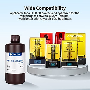 Anycubic ABS-Like + 3D Printer Resin, Toughness and Non-Brittle 405nm UV-Curing Resin, High Precision Standard Photopolymer Resin for 8K Capable LCD DLP 3D Printing (Grey, 1kg)
