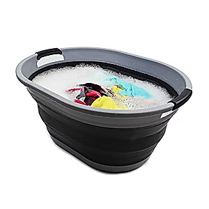 SAMMART 28L (7.4 gallon) Collapsible Plastic Laundry Basket-Oval Tub/Basket - Portable Washing Tub-Space Saving Laundry Hamper, Water capacity: 22L (5.8 gallon) (1, Dark Grey/Black)