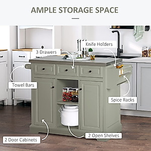 HOMCOM Rolling Kitchen Island with Storage, Kitchen Cart with Stainless Steel Top, Spice Rack & Drawers, Gray