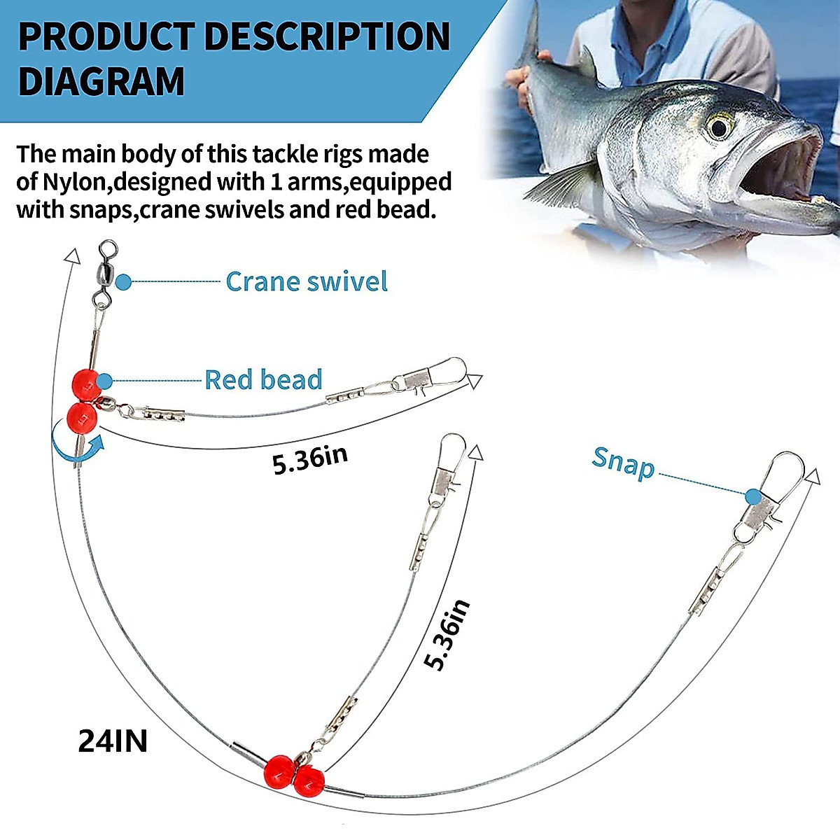 YOTO Fishing Leaders,Stainless Steel Tackle Rig with Tackle Lure Swivels Snaps, Saltwater rig Wire Leader Fishing Leader Wire Bottom rigs for Saltwater