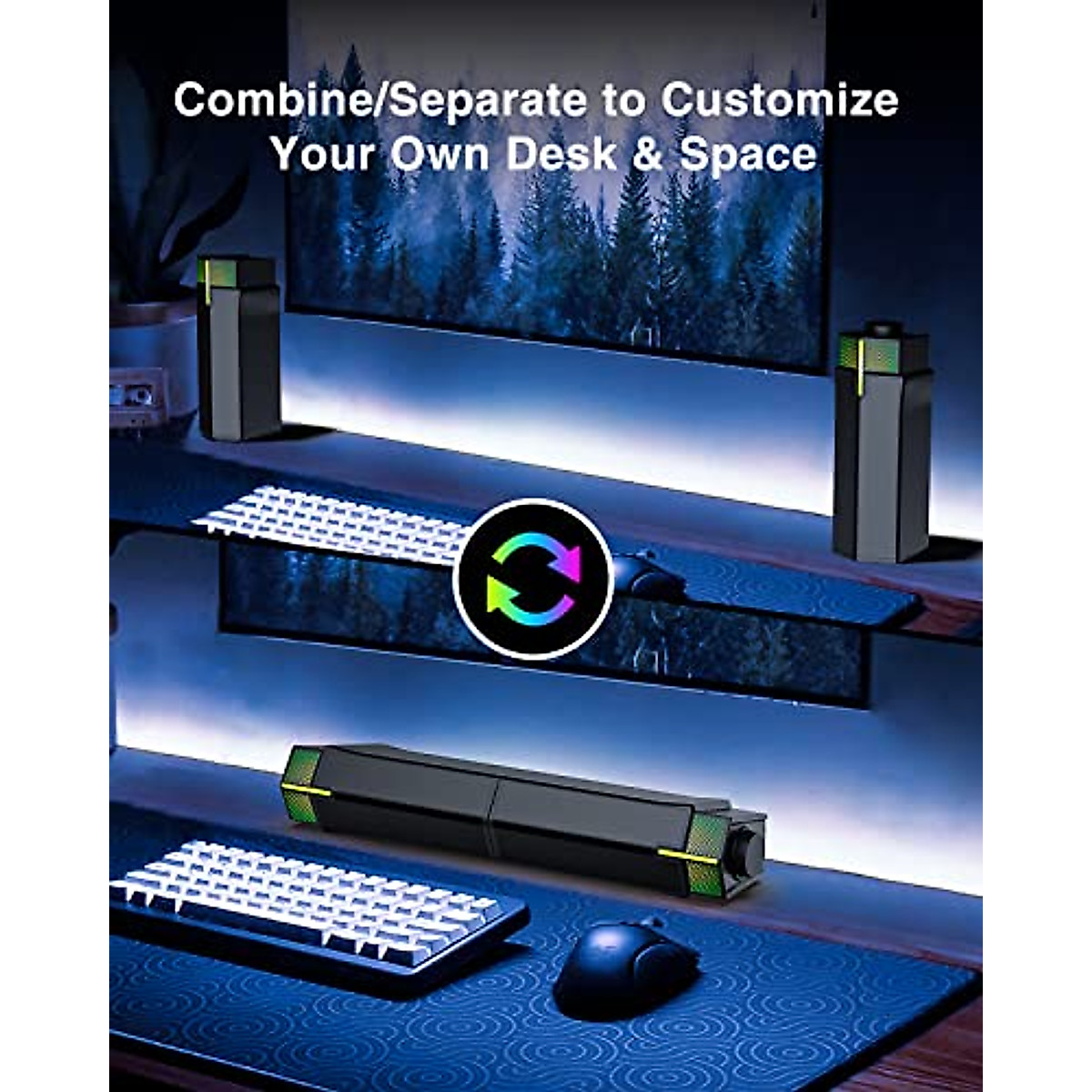 Jeecoo M20 Bluetooth Computer Speakers for PC Desktop Monitor, Gaming PC Sound Bar - Wired USB-Powered, Superb Stereo Sound, with LED Lighting - Combine/Separate to Customize Your Desk