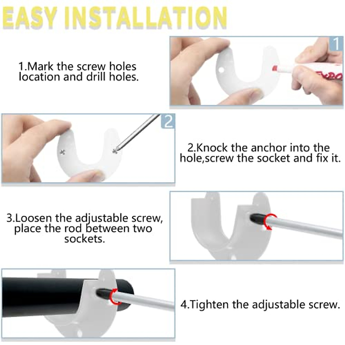 LifCratms 4Pcs Stainless Steel Closet Rod Bracket, 1-1/4" U-Shaped Curtain Flange Rod Holder, Wardrobe Pole End Supports Opening Flange Sockets with Screws (White)