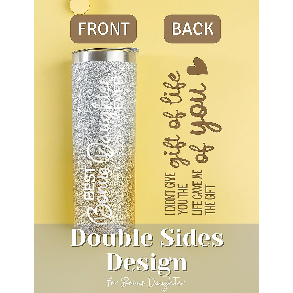 Onebttl Bonus Daughter Gifts - 20oz Stainless Steel Travel Mug with Lid and Straw - Best Daughter Ever (Silver or Gold) for Birthday, Christmas or Thanksgiving