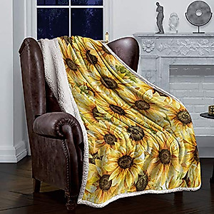 SEVENBABU Watercolor Art Yellow Sunflower Fleece Throw Blanket Reversible Sherpa Fleece Bedding, Soft Fuzzy Blanket Warm Coral Plush Blanket for Bed Sofa, 49"x59"