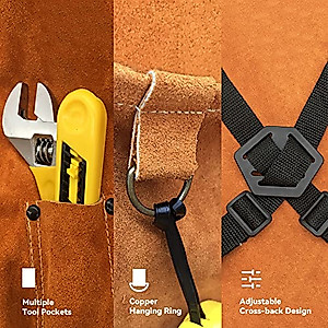 Long Real Leather Apron 43.7" Heavy Duty Work Apron with 6 Tool Pockets Heat Flame Resistant Welding Apron for Blacksmith Woodwork BBQ Fireplace Welders Men Women Safety Apparel