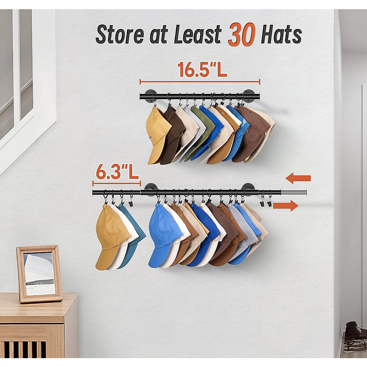 AOODA Adjustable Hat Rack for Wall, Hold up to 30 Caps Hat Organizer for Baseball Caps, Metal Wall Mounted Hat Holder Hanger for Closet, Bedroom, Set of 2, Black