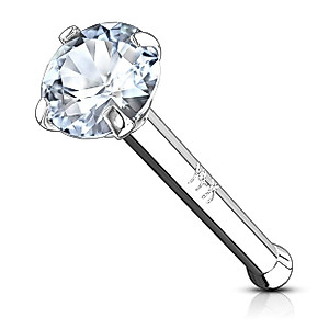 Forbidden Body Jewelry 14k White Gold Nose Ring, 20g, Solid 6mm Stud, 2mm CZ Simulated Diamond, Non-Irritating Skin Safe Real Gold, Women and Men