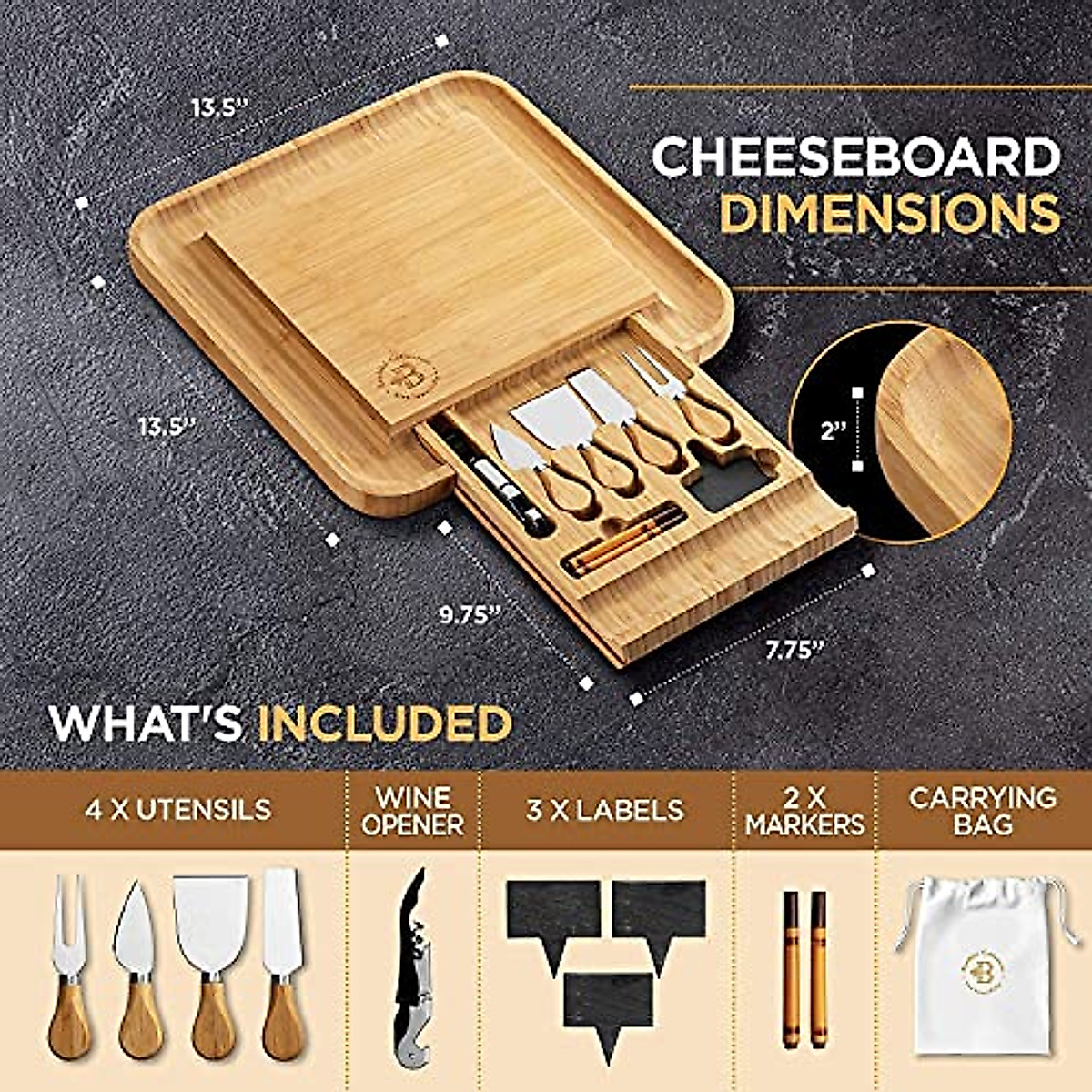 Cheese Board and Knife Set - Premium Quality Bamboo Charcuterie Platter for Slicing Cheese, Meat, Fruits, Vegetables - Hidden Drawer with 4 Stainless Steel Cutting and Serving Utensils - by Weegee