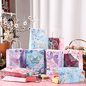 Outus 24 Pcs Butterfly Party Gift Bags Pink Purple Blue Party Gift Goodie Bags Thank You for Fluttering by Gift Bags with Handle for Butterflies Birthday Party Baby Shower Decoration
