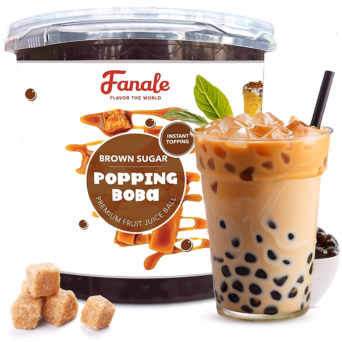 Fanale Brown Sugar Popping Boba Pearls, Vegan, Non GMO, Gluten Free, Fat Free, Perfect for Bubble Tea, Smoothies, Ice Cream, Desserts, and Beverages.