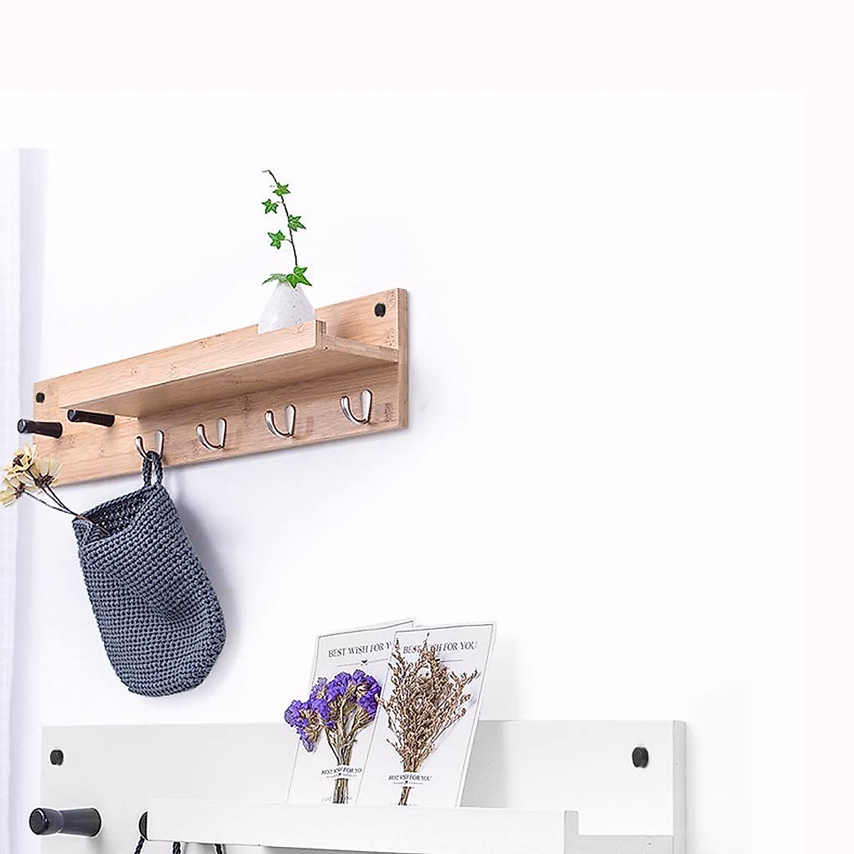 JJZXD Wall Mounted Shelf,Wooden Country Style,Entryway Shelf Rustic Hooks-Solid,Wood Hook