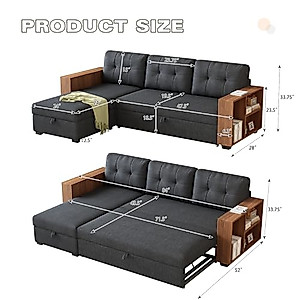 Acosure 84" Convertible L-Shape Pull Out Couch with Wooden Storage Chaise and Handrail,Sleeper Sectional Sofa Bed W/ 3 Movable Back Cushions,for Living Room,Office,Dark Grey