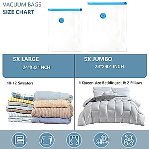 HOTBAG Large Vacuum Storage Bags with Electric Pump 10 Pack (5 Jumbo/5 Large) Vacuum Seal Bags for Clothing Compression Space Saver for Comforters,Blankets - Travel Essentials