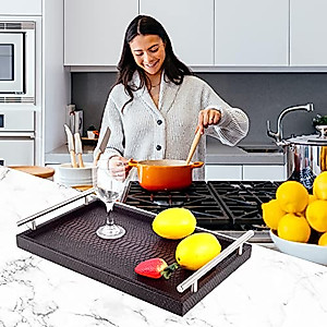 Faux Leather Rectangle Serving Tray with Polished Silver Metal Handle for Coffee Table,Cup,Fruit,Food Tidy Up Container,Console Table Living Room Kitchen Serve Tray,Home Decoration Tray (Brown)