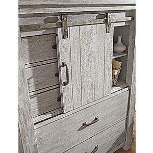 Signature Design by Ashley Brashland Farmhouse 5 Drawer Chest with Dovetail Construction & Sliding Barn Door Revealing Adjustable Shelf, Textured White