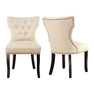 LSSBOUGHT Set of 2 Fabric Dining Chairs Leisure Padded Accent Chairs with Brown Solid Wooden Legs Nailed Trim 300 LBS Weight Capacity, Tan