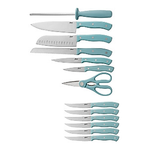 Oster Evansville 14 Pc Stainless Steel Kitchen Knife Cutlery Set W/Turquoise Handles & Black Rubberwood Block