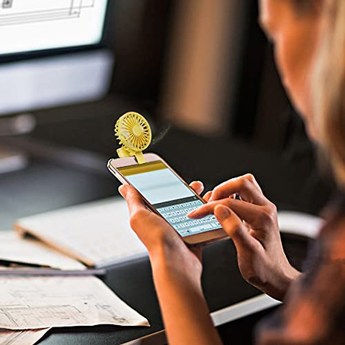 Nezylaf Handheld Fan Clip on Phone Laptop, Mini Fan Powerful Small Personal Portable Fan 1 Speeds USB Rechargeable Fan for Girls Woman Outdoor Travel (Yellow)…