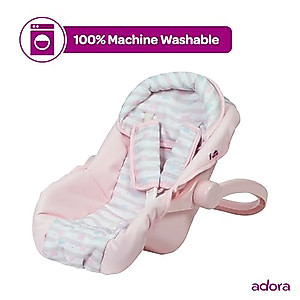 Adora Baby Doll Car Seat Carrier with Removable Seat Cover - Machine Washable, Fits Most Dolls & Plush Animals Up To 20”, Birthday Gift for Ages 2+ - Pastel Pink Hearts