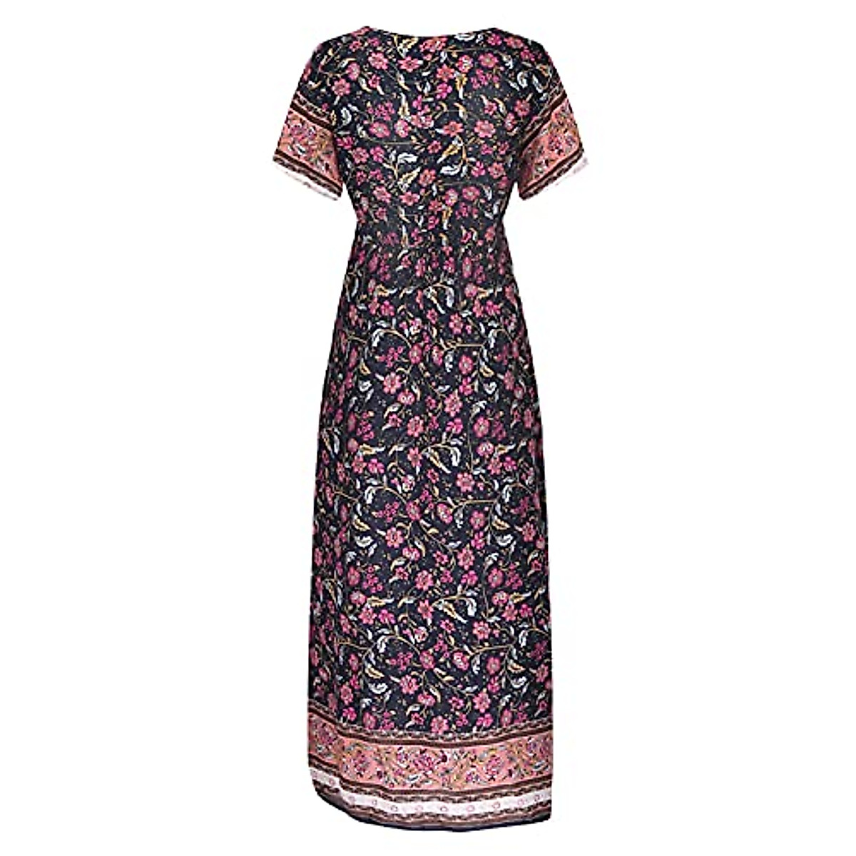 WYTong Women’s Dresses Summer Casual Dress Sexy V Neck Short Sleeves Floral Flowy Pleated Beach Maxi Dress(Navy,Small)