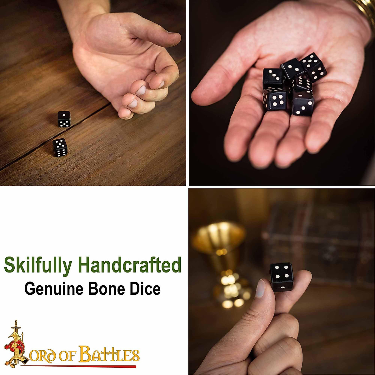Lord of Battles Viking Medieval Horn Dice D&D Set of 6 with Inlaid Pips | Hand Made from Natural Ox Horn & Bone | Extremely Robust | Roleplaying Game Dice (Genuine Horn)