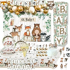 HEETON Woodland Baby Shower Party Supplies Decorations Boxes Fox Balloon Oh Baby Welcome Baby Banner Creatures Fawn Animal Friends Garland Backdrop Cake Cupcake Topper for Girl Boy Gender Reveal