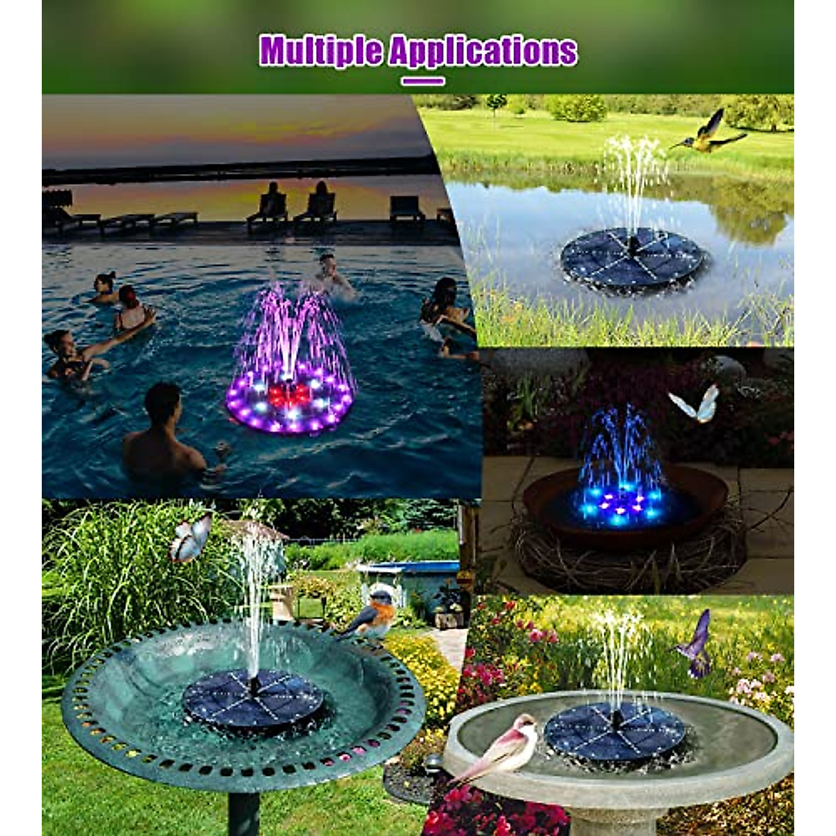SZMP Solar Fountain 4W Bird Bath Fountains 2024 Upgraded 60LED Lights, Solar Powered Fountain Pump Built-in 4000 Battery with 7 Nozzle & 4 Fixer, Solar Water Fountain for Garden, Bird Bath, Pool, Pond