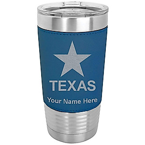 LaserGram 20oz Vacuum Insulated Tumbler Mug, Flag of Texas, Personalized Engraving Included (Faux Leather, Blue)