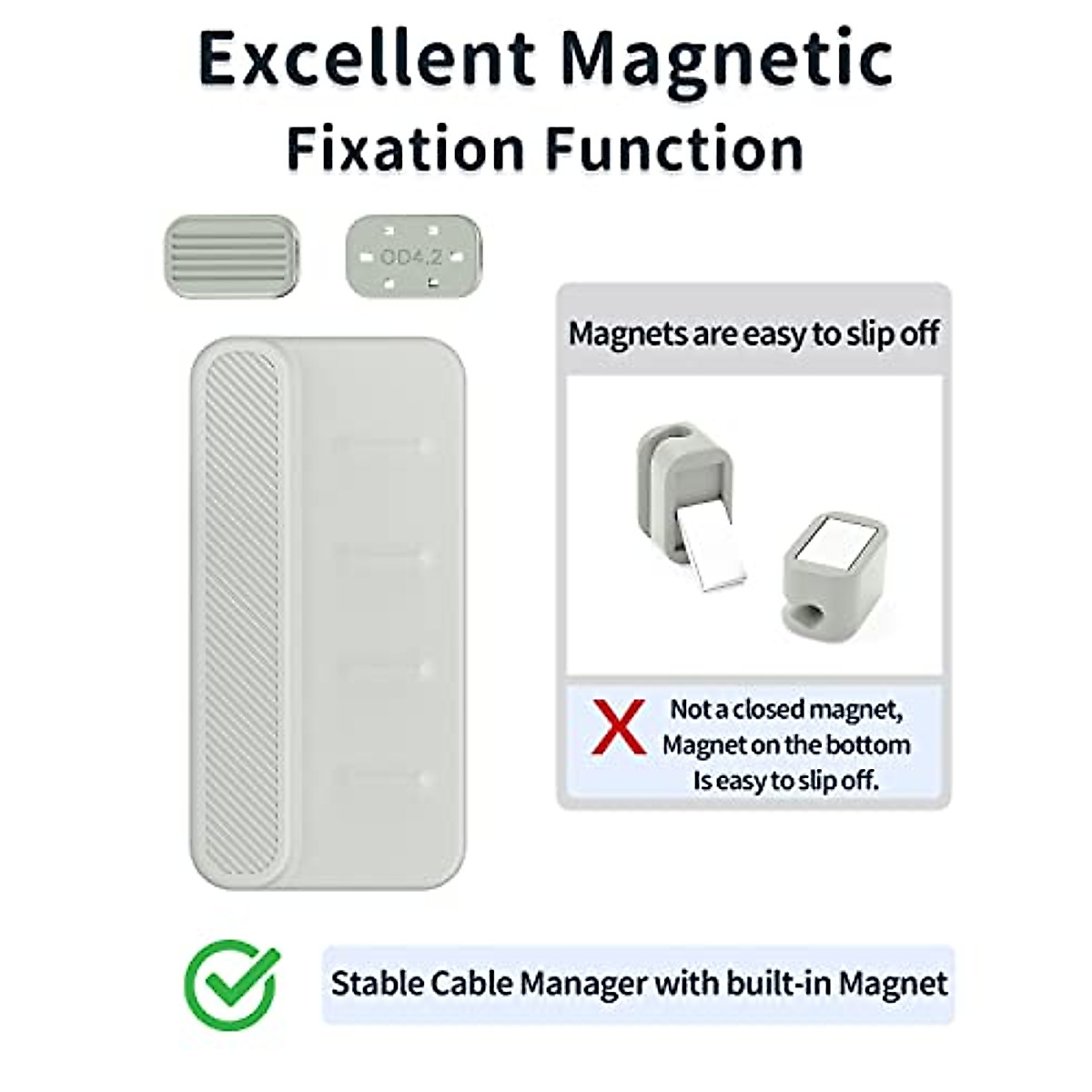 clenye Magnetic Cable Holder,Cable Management for Desk with Embedded Magnetic with 10 Clips in 3 Sizes(3mm/3.6mm/4.2mm) for Lighting Cables, USB C Cables, Micro Cables | Grey