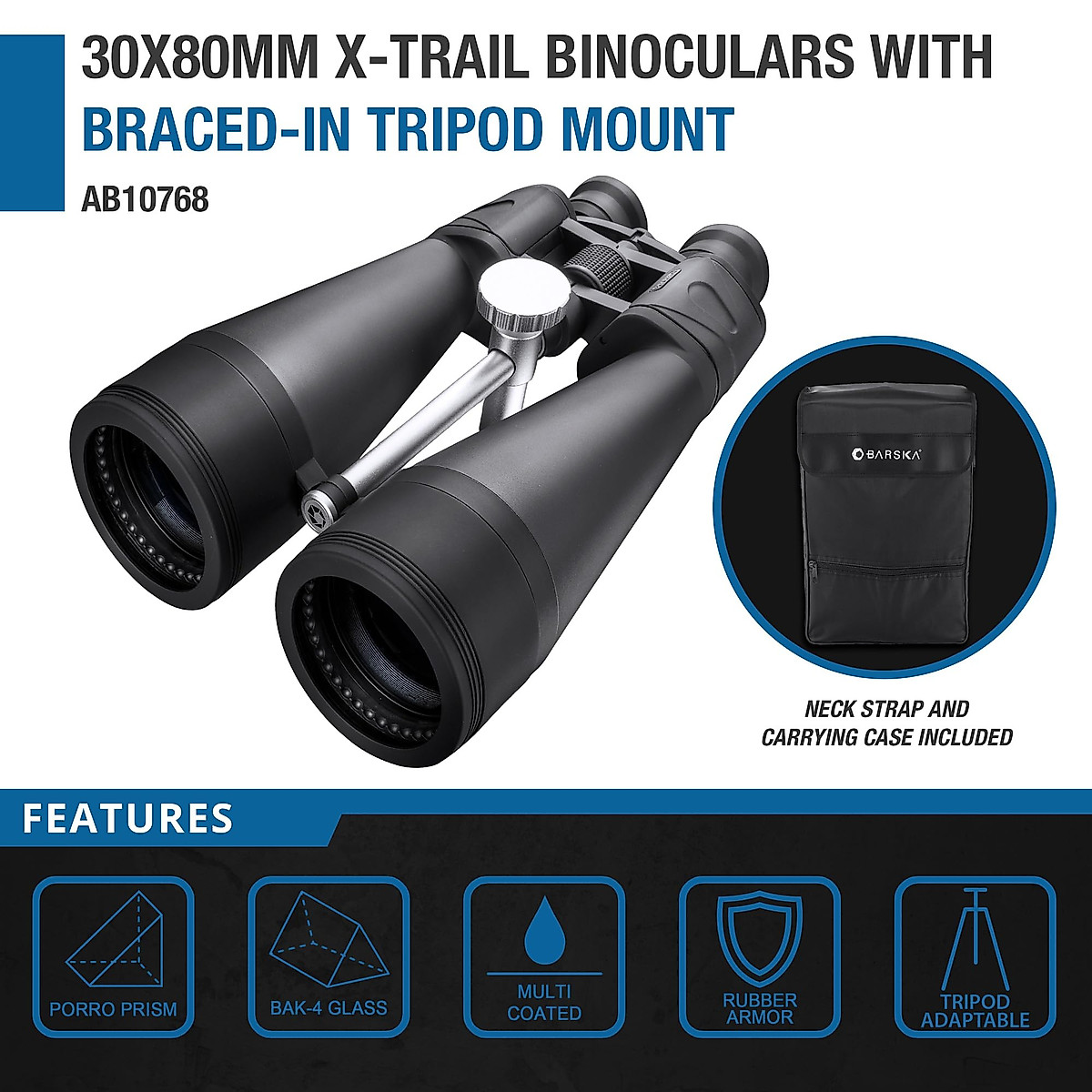 BARSKA X-Trail 30x80 Binocular w/ Braced-in Tripod Adapter, Black