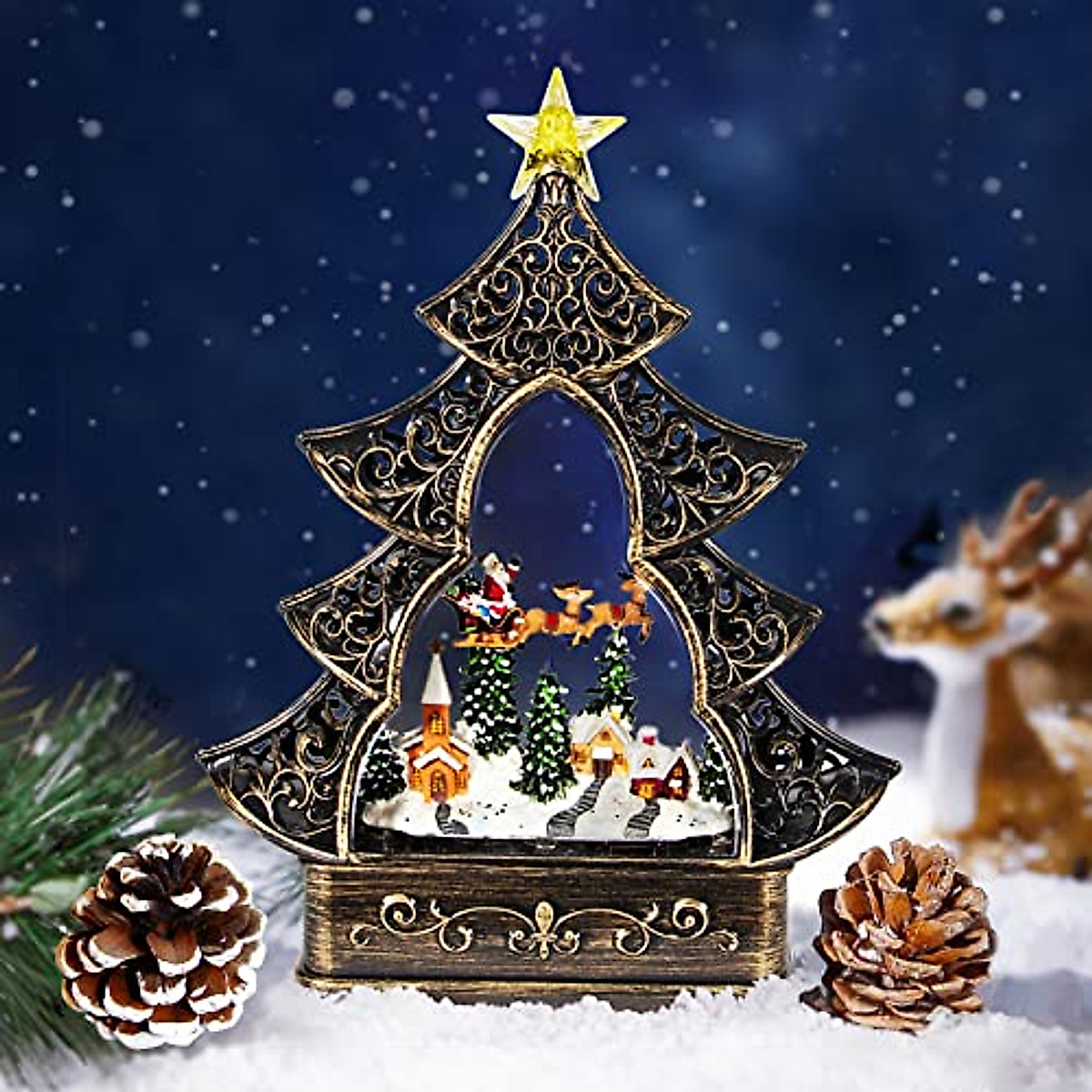 Christmas Snow Globes Lantern,Glitter Snow Globe with 8 Christmas Music Songs,Xmas Tree Shape Lantern with Xmas Santa Claus,Christmas Tree, Elk and Sleigh