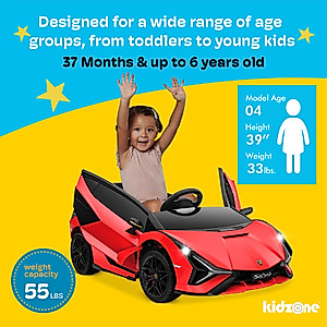 Kidzone Kids Electric Ride On 12V Licensed Lamborghini Sian Roadster Battery Powered Sports Car Toy with 2 Speeds, Parent Control, Sound System, LED Headlights & Hydraulic Doors - Pink