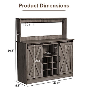 4 EVER WINNER Farmhouse Coffee Bar Cabinet with 9 Racks, Sideboard Buffet Cabinet for Liquor with 6 Hooks & Adjustable Shelves, Large Wine Bar Cabinet for Kitchen Dining Room, Wash Grey