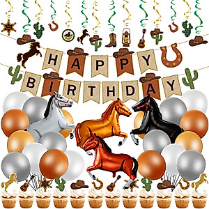 60PCS Cowboy Birthday Party Decoration Include 40 Inch Horse Shaped Foil Balloons Little Cowboy Happy Birthday Banner Cake Topper Hanging Swirls 12 Inch Latex Balloons for Western Party (Retro Style)