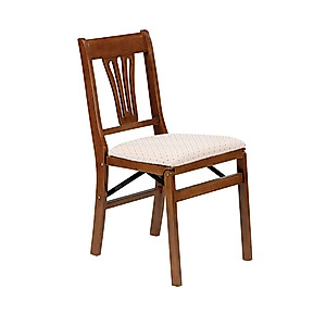 MECO Stakmore Urn Premium Solid Wood Dining Table Folding Chair Set with Fabric Padded Upholstered Seat, Fruitwood/Blush (2 Pack)