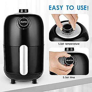 iRUNTEK Small Mini Air Fryer, 1.3Qt Compact Air Fryer with Recipe Book and 50pcs Parchment Paper Liners, User Friendly, Dual Knob Control, Non-Stick, Black