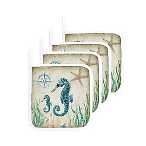 Pot Holder Set of 4 Ocean Seahorse Seaweed Potholder Heat Proof Non-Slip Pot Holders,Retro Nautical Compass Hot Pads Potholders for Kitchen Cooking Baking BBQ