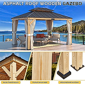 YOLENY 11' x 13' Solid Spruce Wood Gazebo, Hardtop Gazebo with Coated Wood Frame, Waterproof Asphalt Double Roof, Nettings and Curtains for Lawns, Gardens, Decks, and Patios