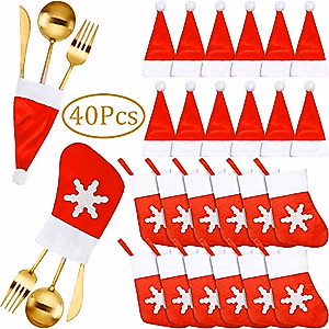 40 Pieces Christmas Santa Hats Silverware Holders Tableware Holders Santa Claus Flatware Holder Christmas Socks Decorations Dinner Table Decorations Party Supplies
