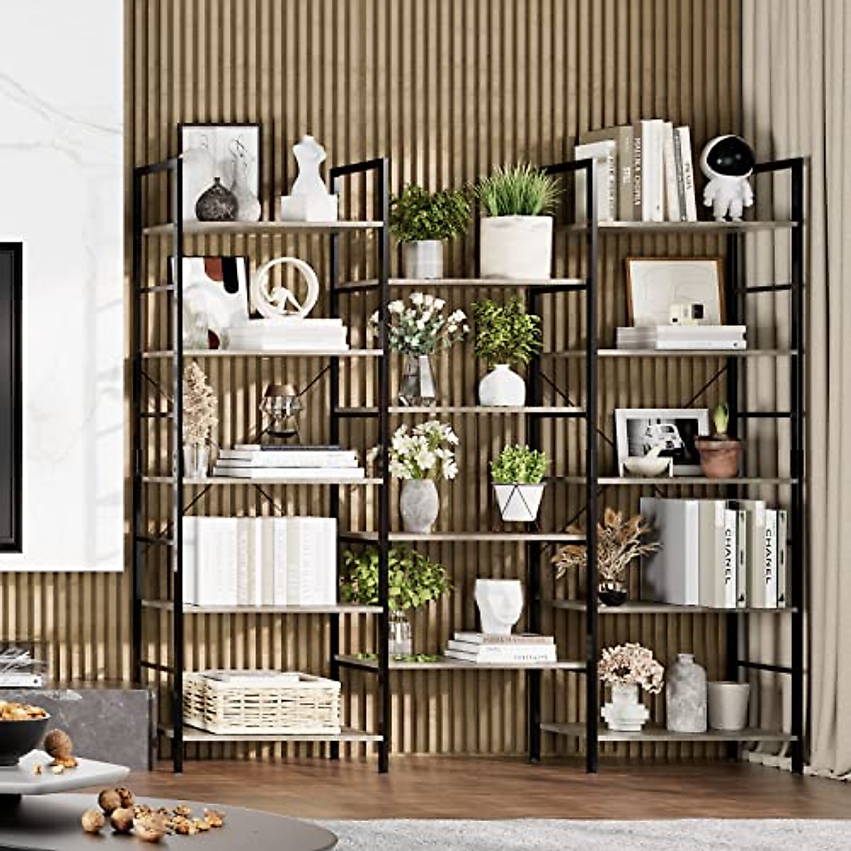 BOTLOG 5-Tier Bookcase, Industrial Bookshelf with Metal Frame, Display Shelf for Living Room Home Office (Grey)