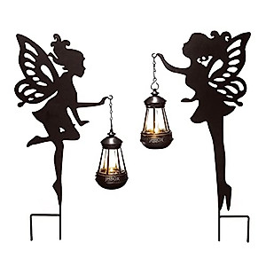 JHBOX Fairy Decor Garden Statues with Solar Lanterns, Solar Outdoor Lights Decorative with Metal Ground Stakes, Solar Landscape Lights Christmas Winter Holiday Decorations ( one Pair )