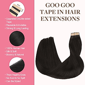 GOO GOO Tape in Hair Extensions Human Hair, 1B Natural black, 20inch 50g 20pcs, Thick Ends Straight Seamless Tape in, Invisible Tape in Hair Extensions Human Hair