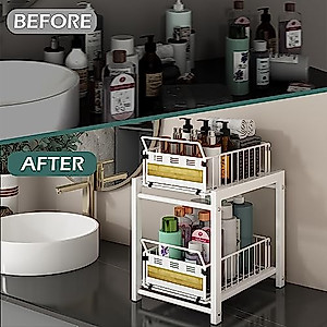KOSIWU Under Sink Organizers and Storage, 2 Tier Kitchen Organizer and Storage with Sliding Drawer Pull Out Cabinet Organizer White Bathroom Countertop Organizer Undersink Organizer