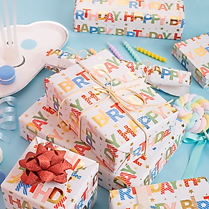Merture Colorful Wrapping Paper Roll, Happy Birthday Gift Wrap - 17 In X 32.8 Ft - 1 Roll (46.5 sq.ft.ttl.) Foil Happy Birthday Lettering & Candles Wrapping Paper for Birthday, Baby Shower, Party