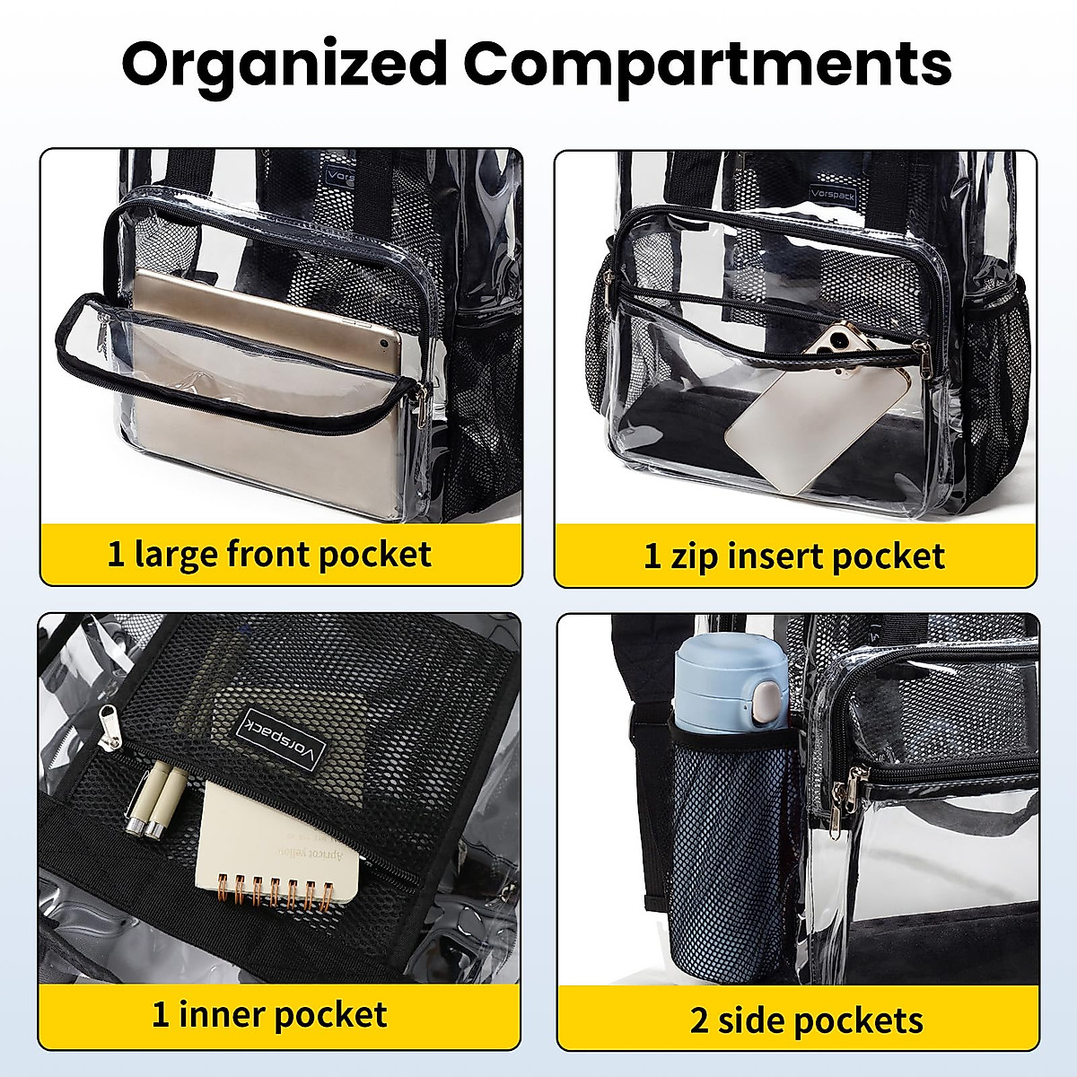 Vorspack Clear Backpack Heavy Duty - Large Clear Book Bag with Reinforced Bottom See Through Backpack with Handle for College Workplace - Black