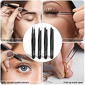 Mabox Professional Tweezer Set with Case - 4 Pieces Slanted and Pointed Stainless Steel Tweezer Set, Precision Slant Tweezers for Eyebrows, Facial Hair, Ingrown Hair, Splinter and Blackhead (Black)