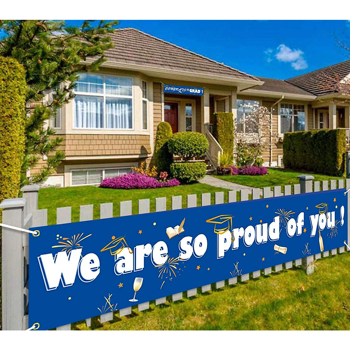 Graduation Banner 2 Pack, Blue Congrats Grad Banner & We are So Proud of You Graduation Backdrop, 71" x 16" Graduation Party Supplies 2022 Congrats Grad Decorations for Yard, Outdoors & Indoors