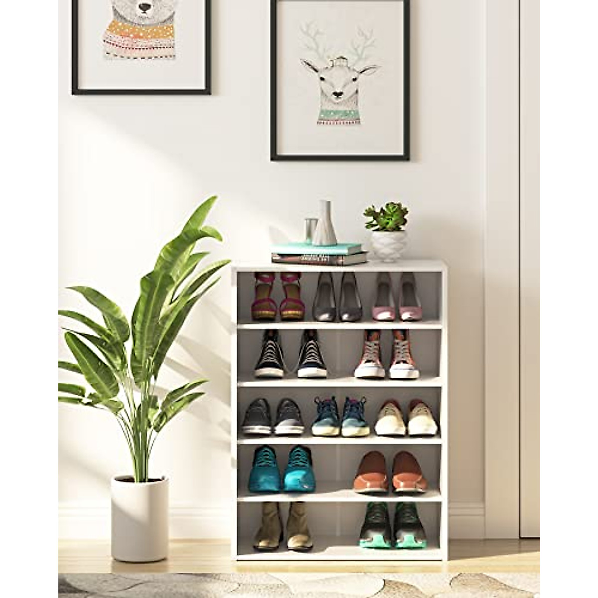 LOWOSA White Shoe Rack Organizer, 5-Tier Wood Shelf Removable Shoe Storage, Sturdy Freestanding Shoe Racks for Entryway for 10-15 Pairs, Ideal for Hallway Closet