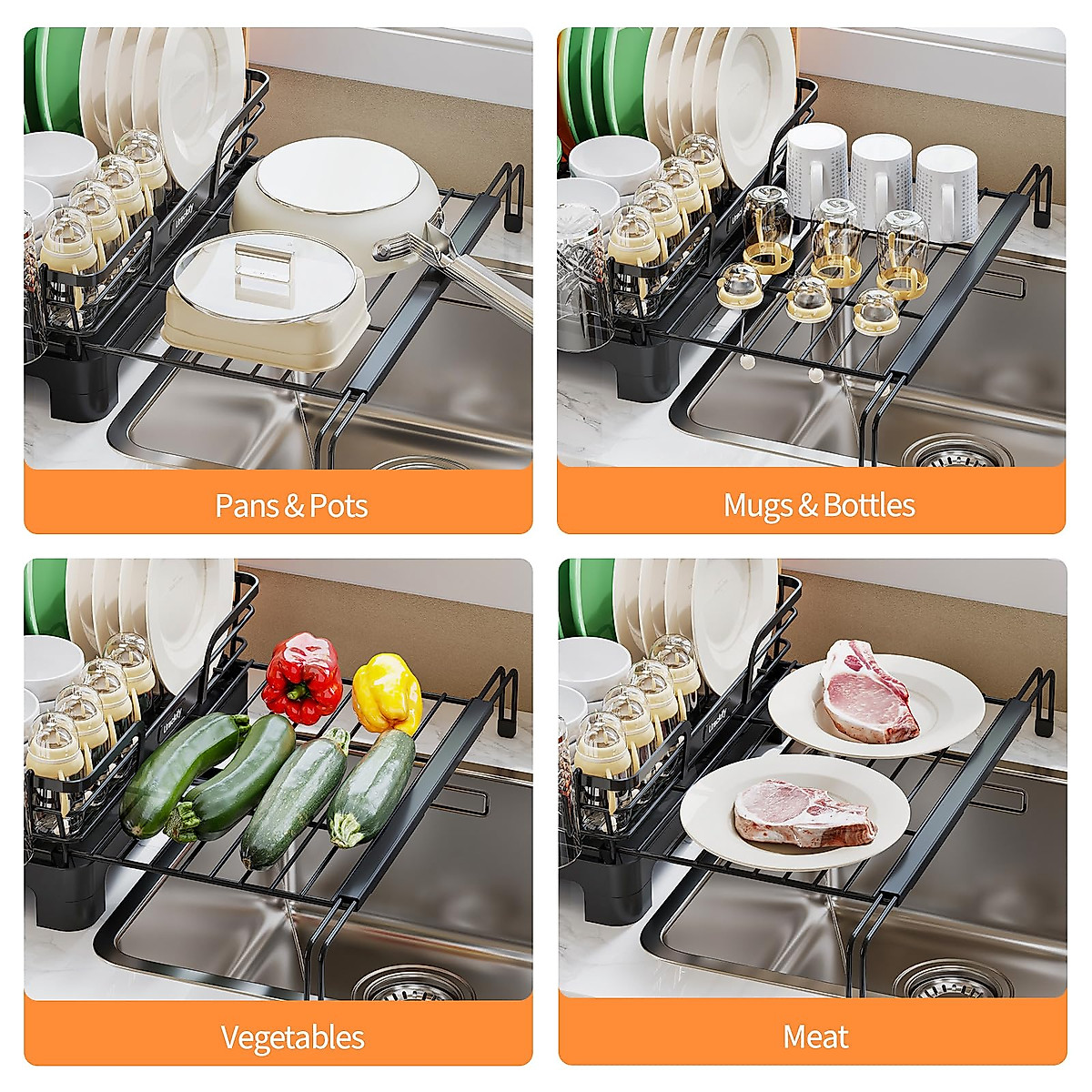 Urackify Extendable Dish Drying Rack, 2-Tier Dish Rack for Kitchen Counter, Large Expandable Dish Drainer Over Sink, 3 in 1 Multifunction Dish Strainer with Drainboard & Cups Holder, Black